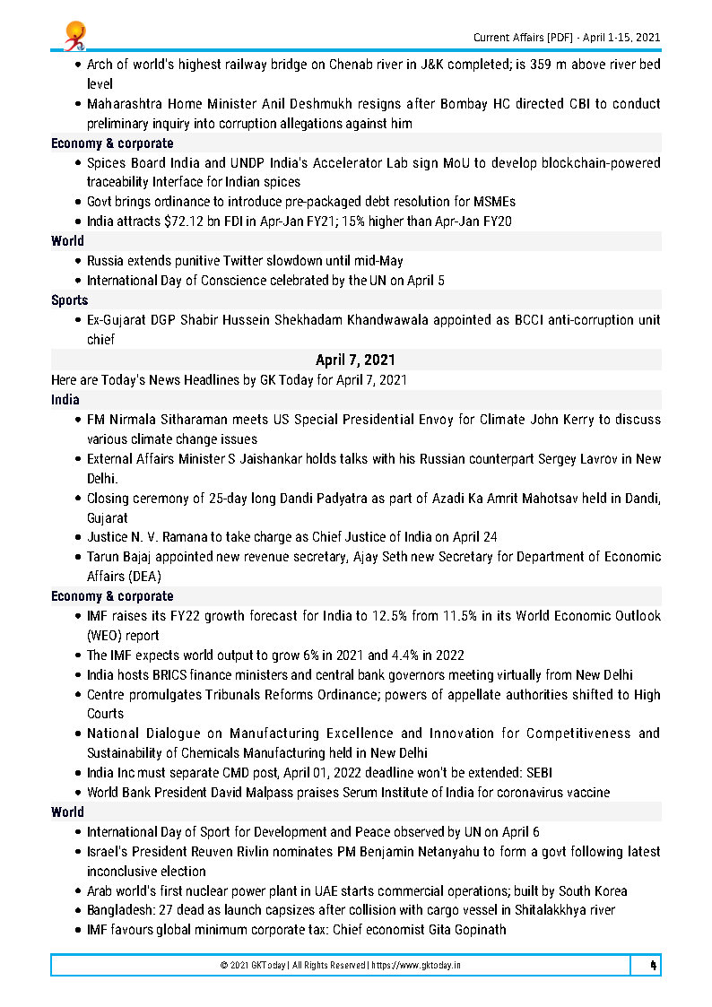 Gk Today - Monthly April Current Affairs - Compilation 2021 - English Medium